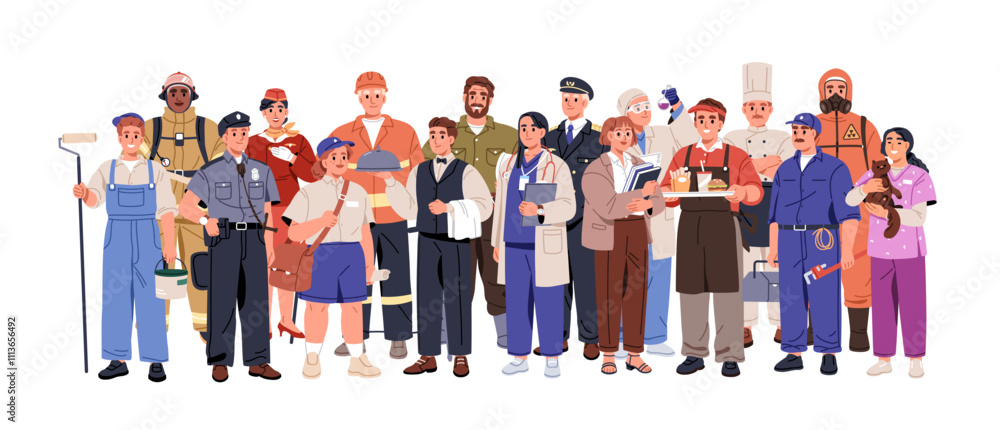 Frontliner workers group. Frontline professionals, people at service ...