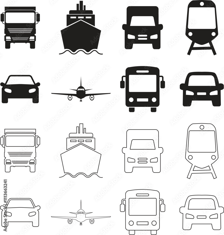 Commuter icon set. Traffic busy road black flat and line vector ...