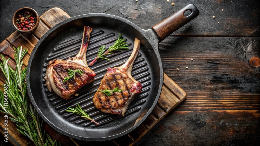 Grilled lamb chop cooking on cast iron pan, lamb chop, grill, cast iron ...