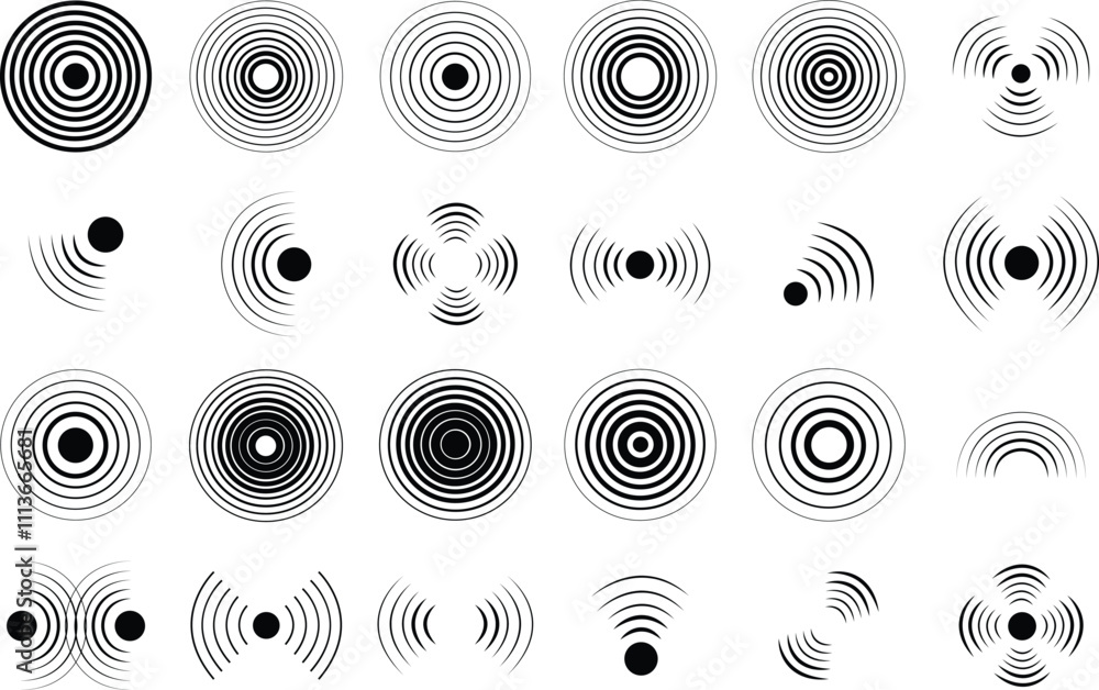 Concentric ripple circles sound waves icon set. Seismic Earthquake alert radar. Radial signal ...