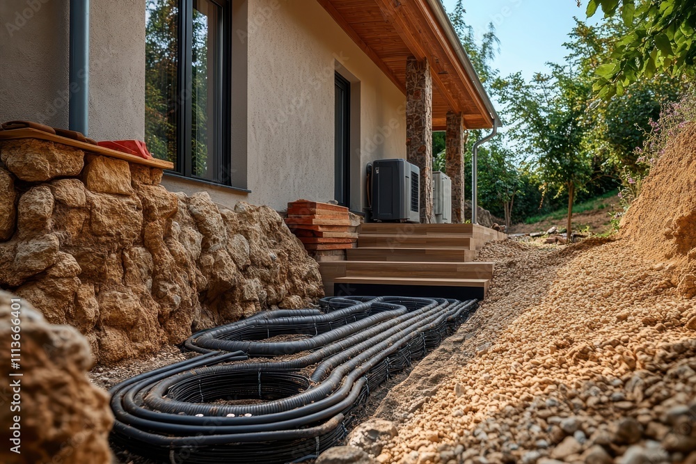 Ground source heat pump installation, showing pipes and outdoor unit. This image depicts a ...