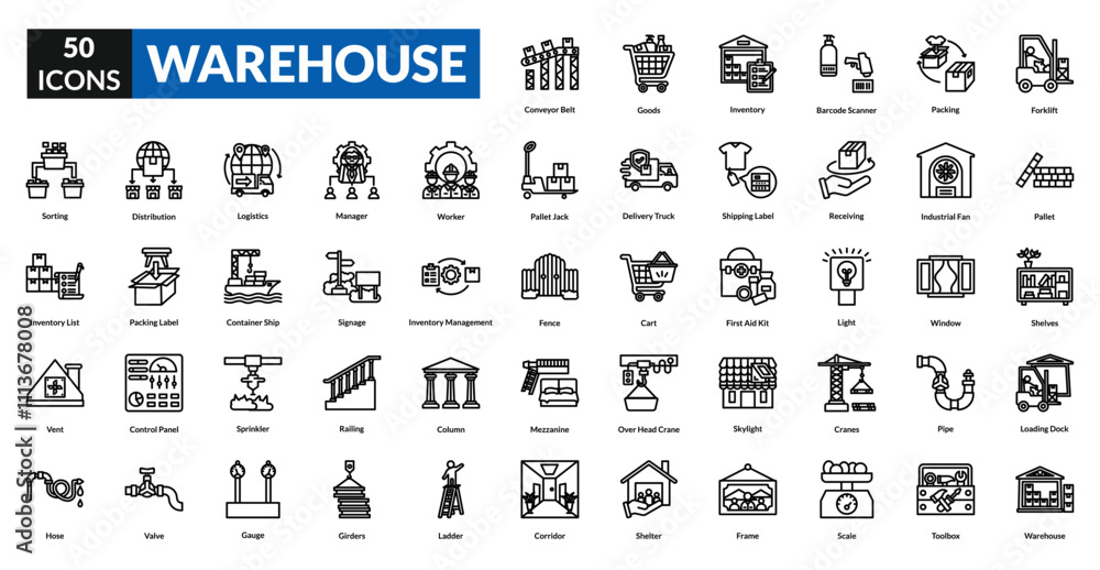 Warehouse line icon collection set. Includes storage, logistics ...