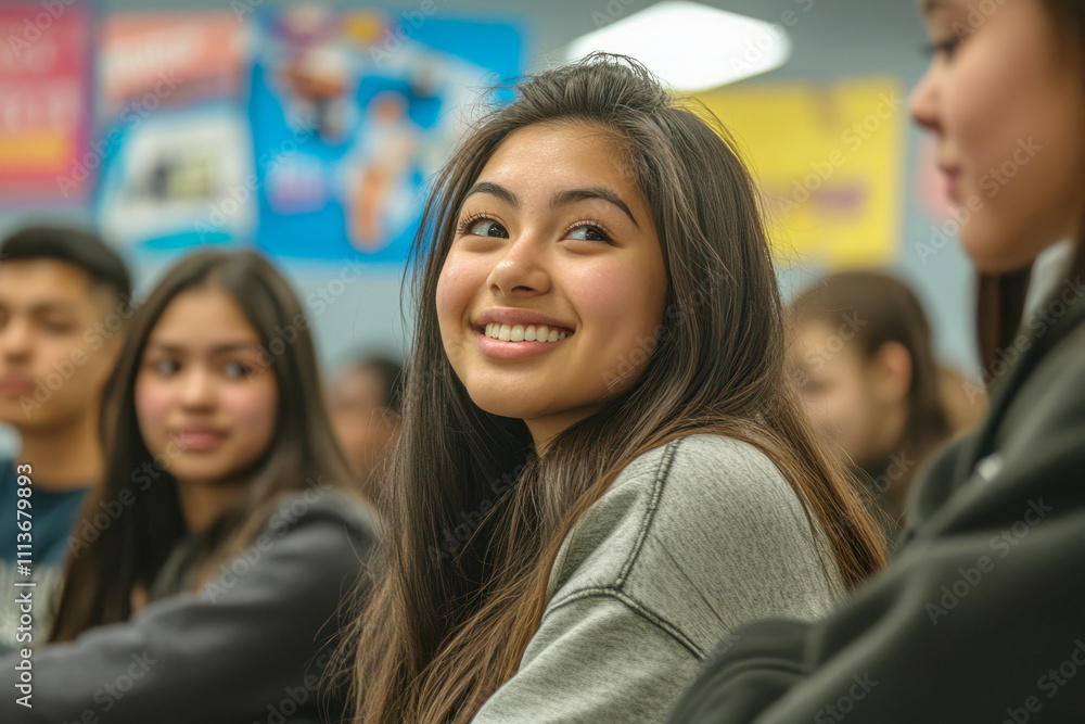 Smiling teenage girl in a practicing sign language with smiles and ...