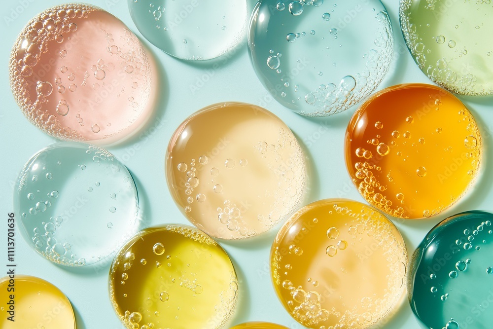 Color swatches of different types and sizes of liquid oils for skin ...
