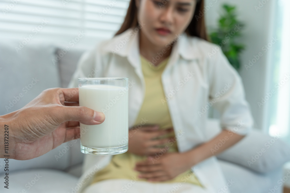 Milk allergens, Sick sad unhealthy ill allergic woman, runny stuffy ...