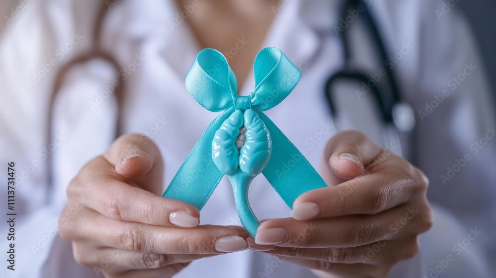 Doctor holding Teal ribbon with Uterus and Ovaries model for January ...