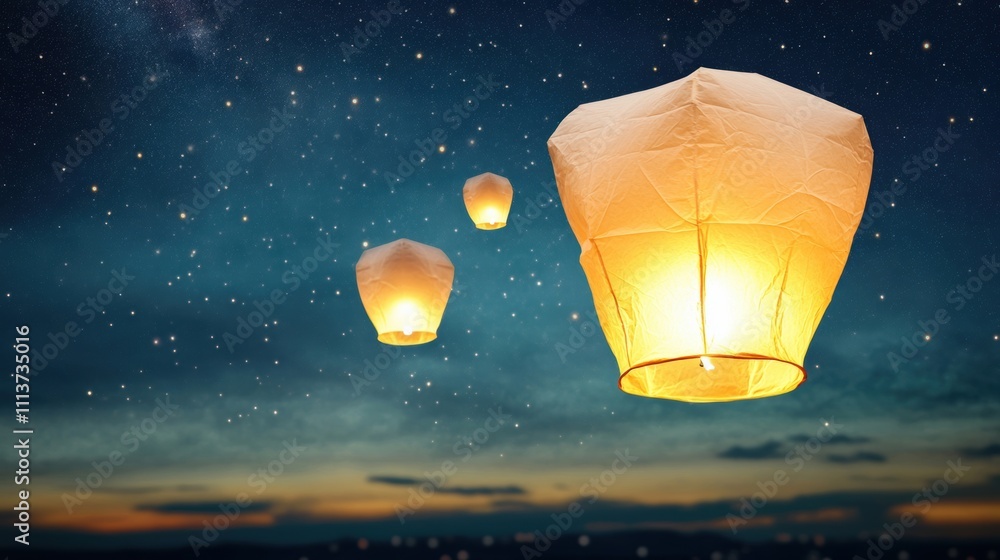 Floating sky lanterns emit a warm glow against a backdrop of twinkling ...