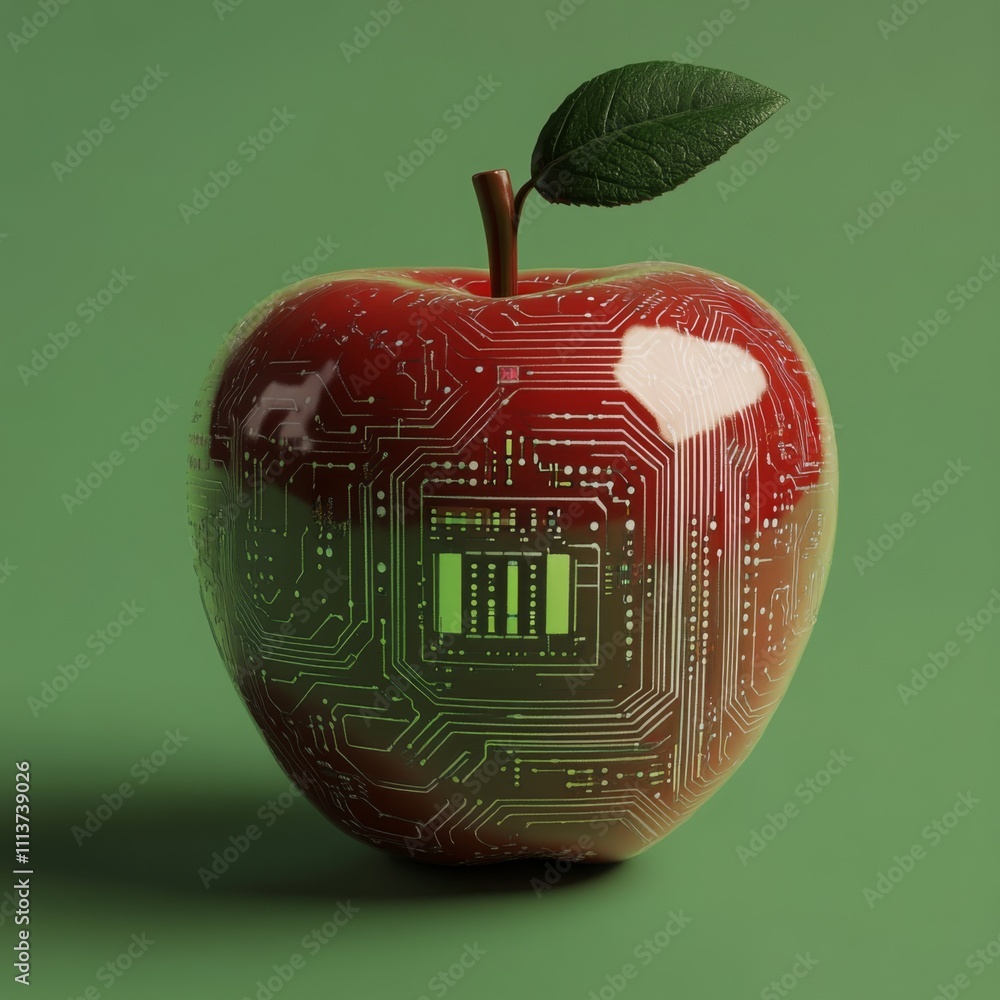 3D apple with an electronic circuit inside, green background, Octane ...