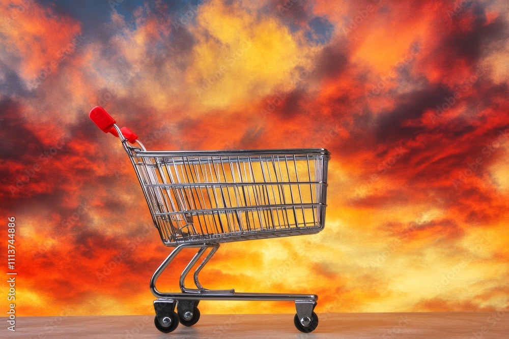 Metal shopping cart standing on a table with a vibrant sunset sky as ...