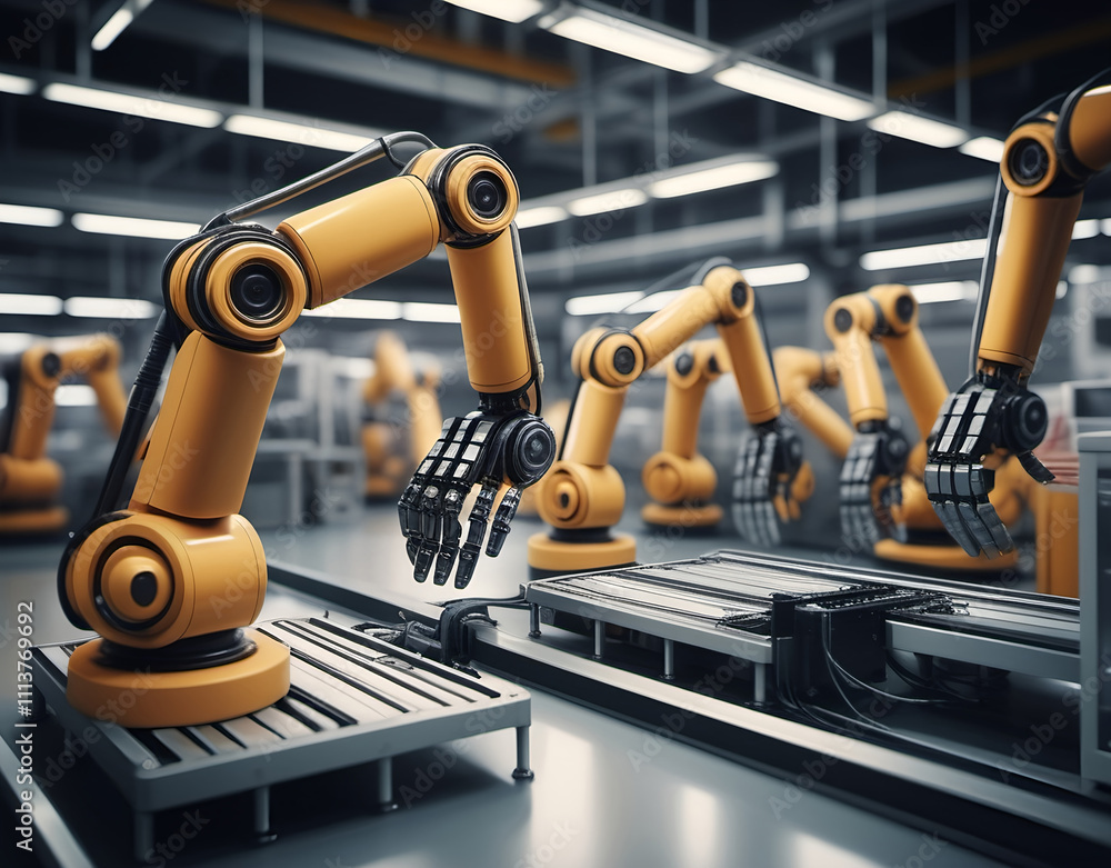 Robotic arm picking and placing components in an assembly line ...