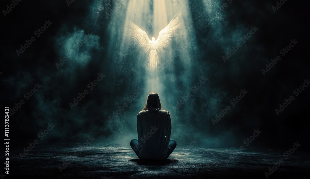 Pentecost Spiritual Scene Kneeling Man Receiving Holy Spirit White Dove ...