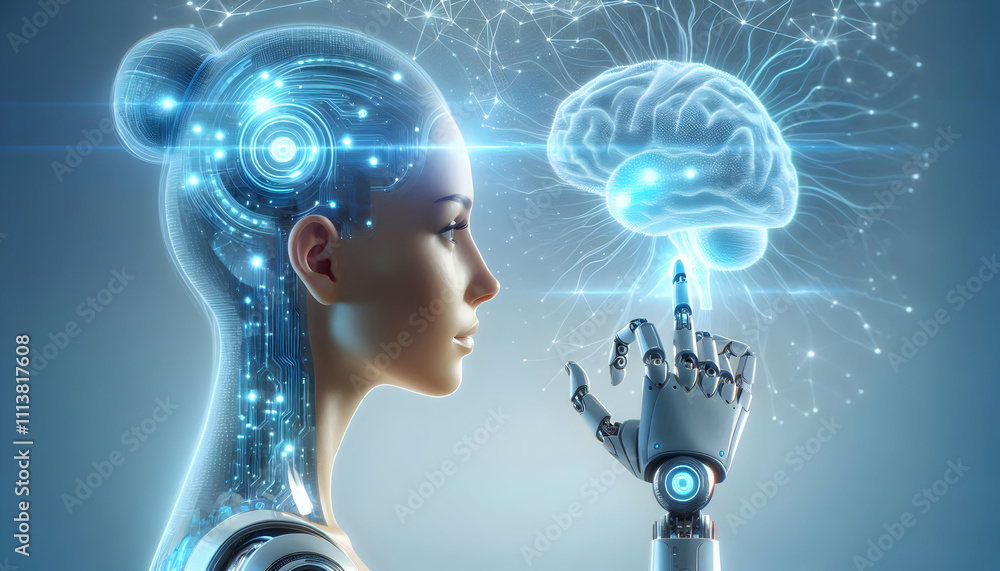 AI Robot Background A side profile of a robotic hand with glowing blue accents, hovering over a ...