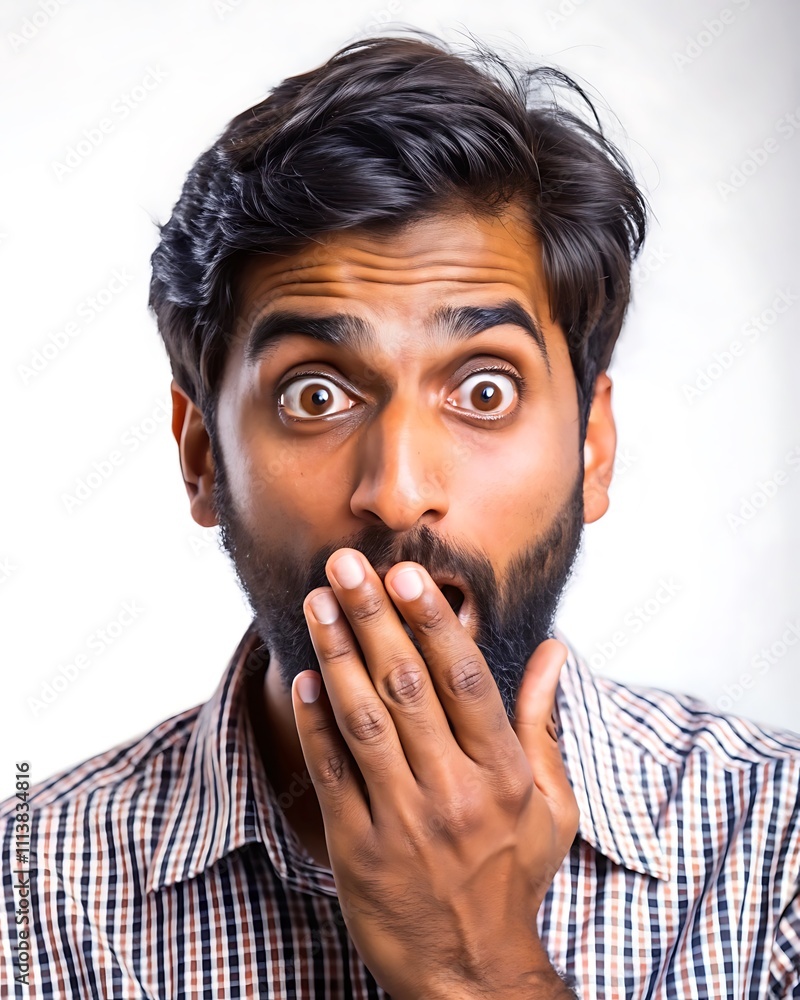 Indian Man covering mouth in shock, surprised expression isolated on ...