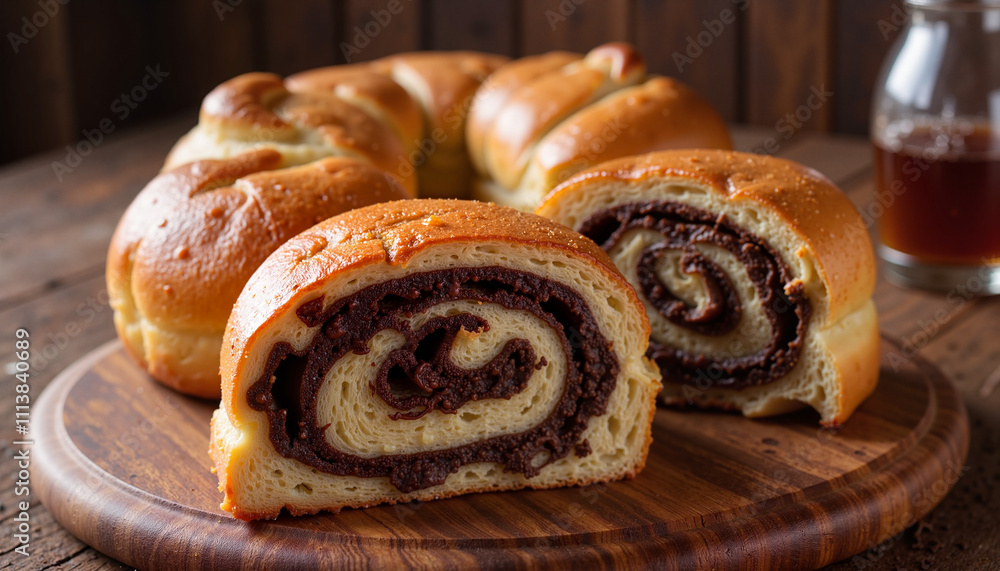 Delicious braided chocolate bread displayed on a wooden board ...