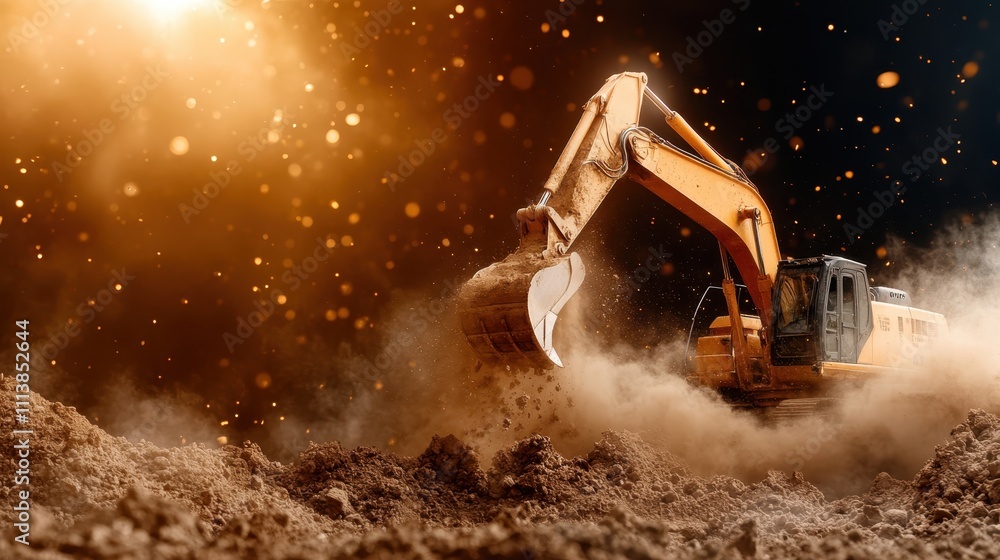An excavator operates amid swirling dust and particles, captured under ...