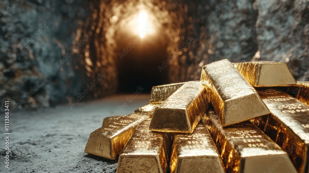 A stack of shiny gold bars lies on the cold floor of an underground ...