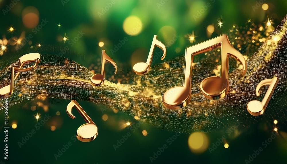 Floating golden music notes against a green xmas background, creating a ...