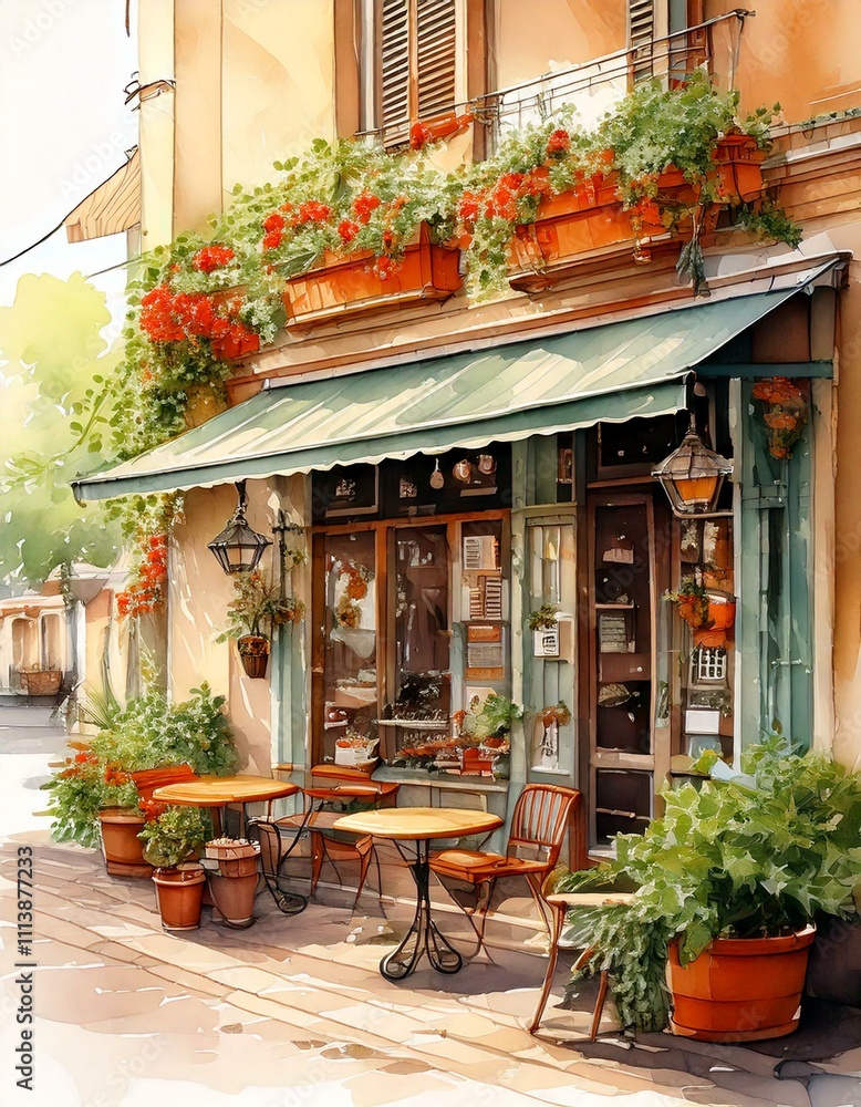watercolor picture of A quaint coffee shop exterior with a hanging sign ...