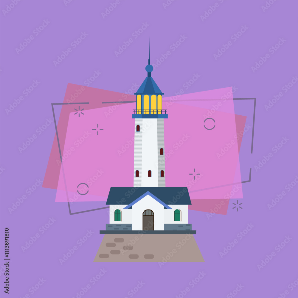 Tall lighthouse with house for light keeper. Realistic tower with ...