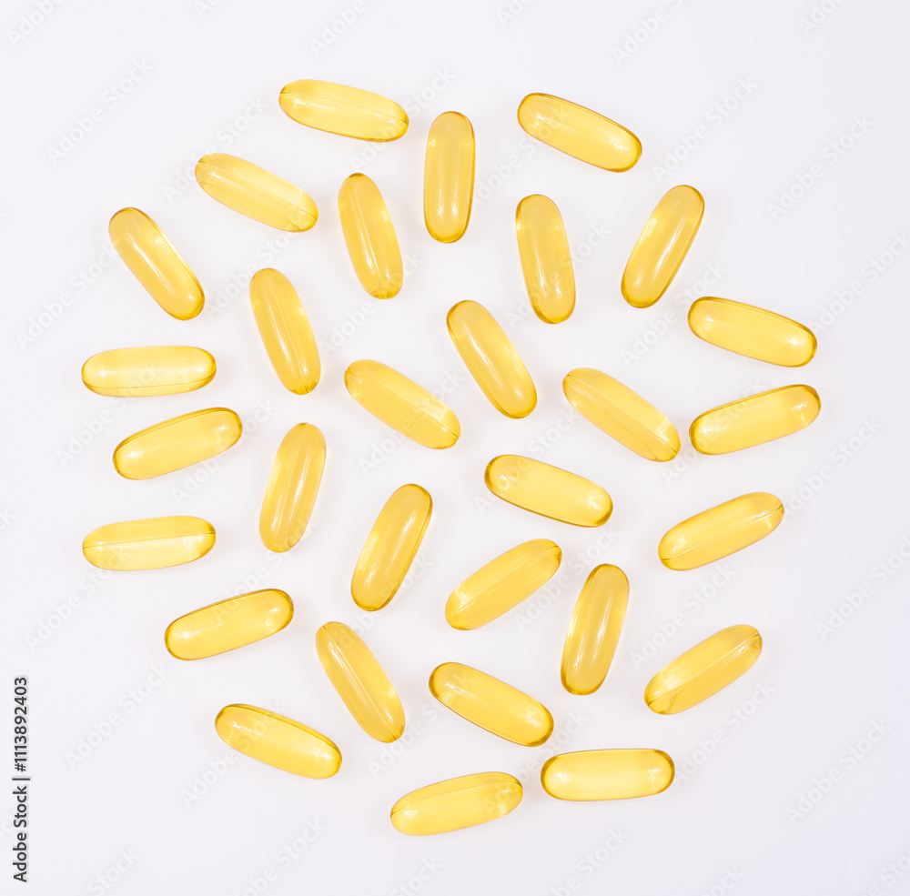 Omega 3 tablets isolated on white background . yellow pills close up ...