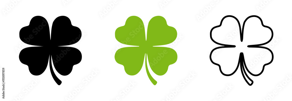 Four-leaf clover icon set. A symbol of good luck, fortune. Black and ...