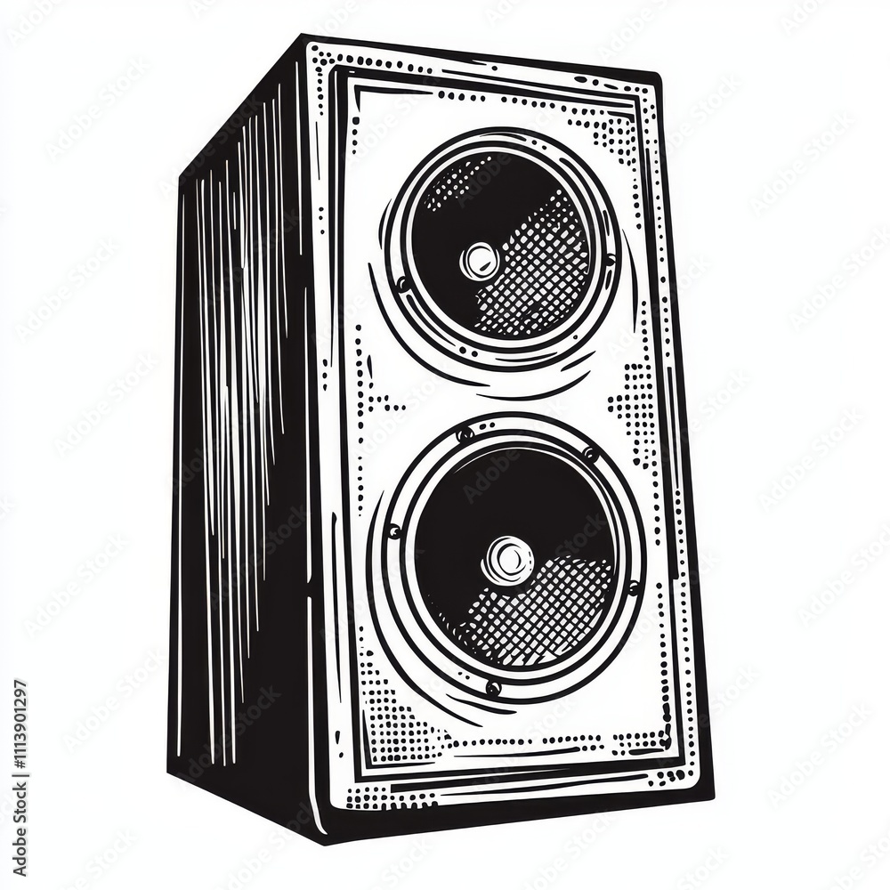 A hand-drawn music speaker column in a doodle sketch style, featuring a ...