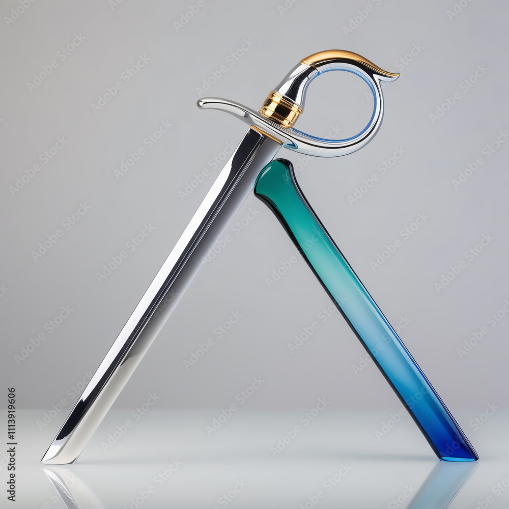 Glass sculpture of saber type sword with silver-to-blue gradient ...