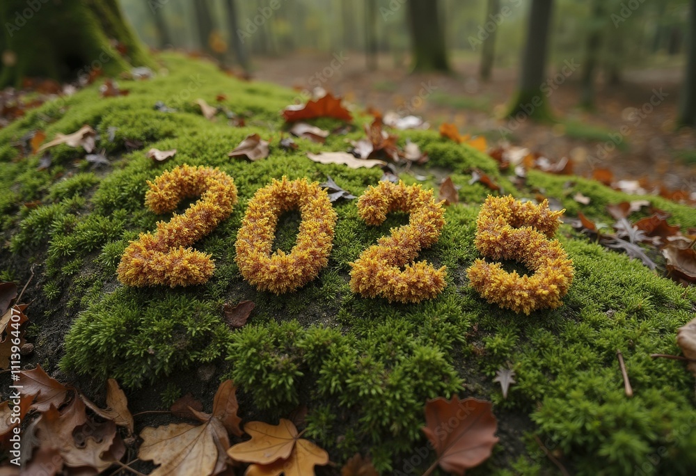 Foto de Stock 2025 spelled out in orange lichen on a moss-covered log ...