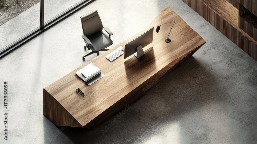 Top view of a professional office layout, highlighting a wooden desk, a ...