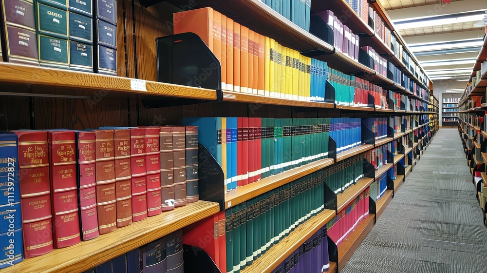 Extensive collection of color-coded books lining library shelves. Stock ...