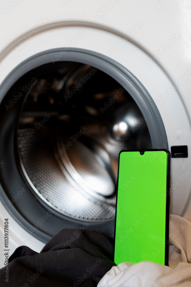 Woman controls the washing machine via mobile phone with Wi-Fi and the ...