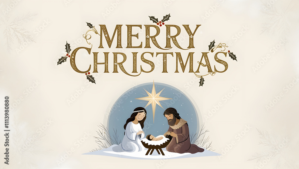 Minimalist illustration of the holy family in Bethlehem, with serene ...