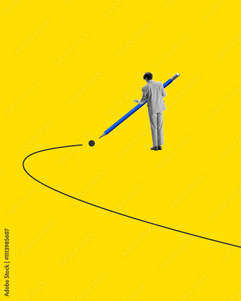 Man using giant pencil to draw path on vibrant yellow background ...
