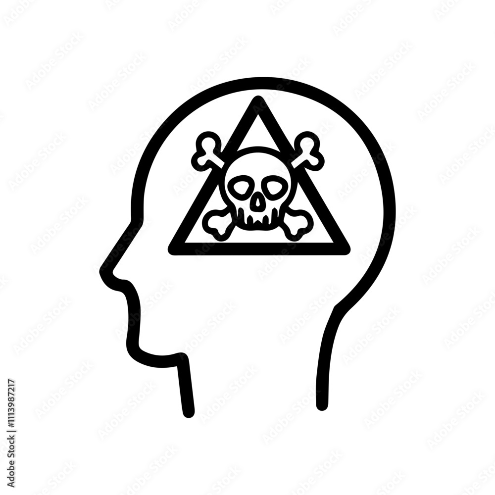 Line art illustration of a head with a skull and crossbones inside a ...