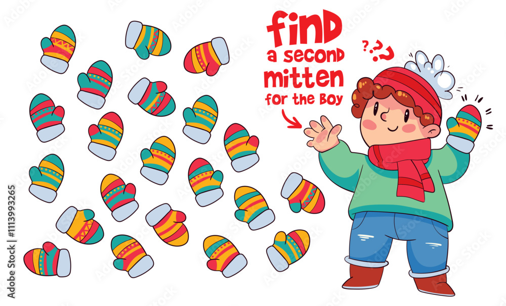 Find two same items. Find a second mitten for the boy. Find other pair ...