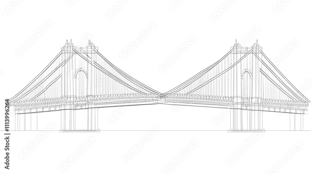 Technical CAD line drawing of a suspension bridge, showing the tension ...