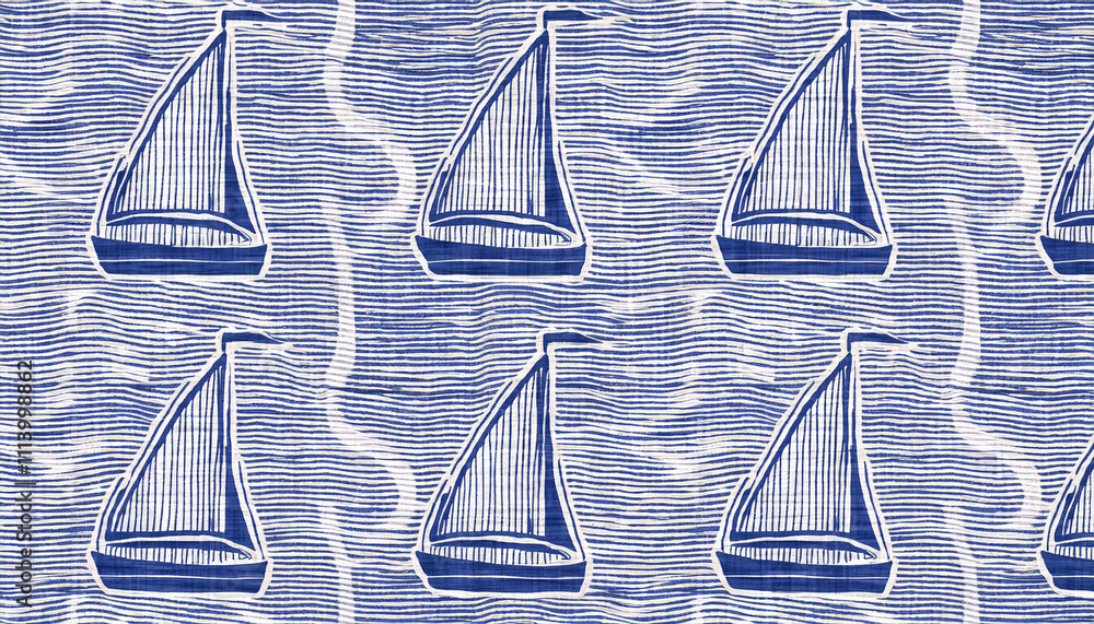 Coastal sail boat in azure ocean blue seamless border background ...
