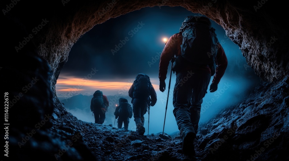 Hikers exit a cave against a stunning sunset backdrop, emphasizing the ...