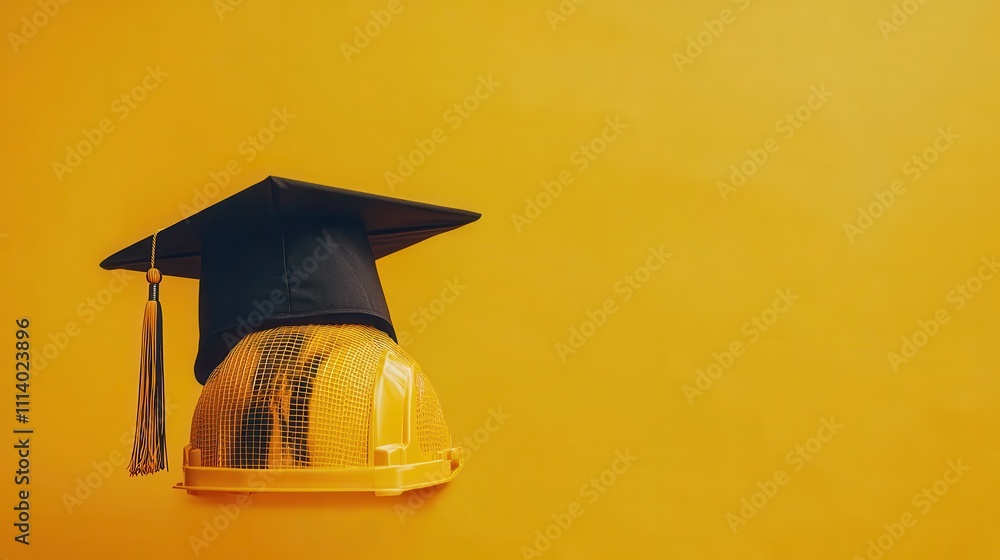 Graduation cap atop a hard hat, yellow background. Illustrates ...