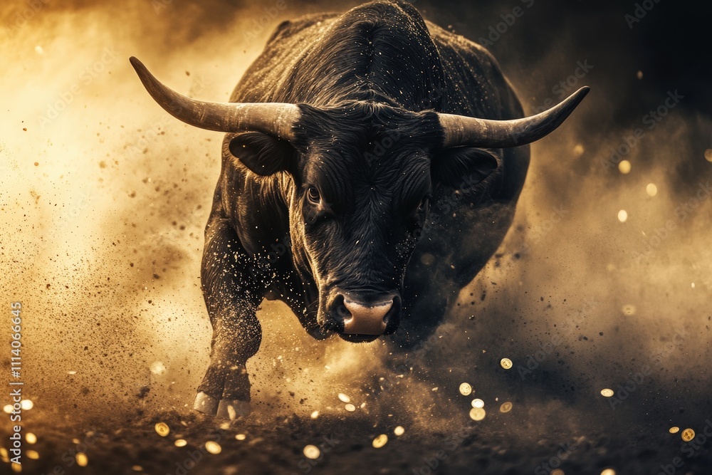 Dynamic bull charging through a dust storm, representing a strong ...