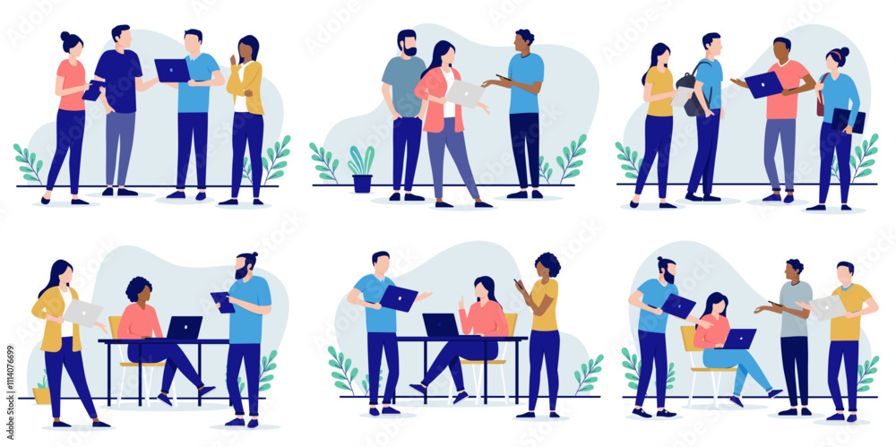 Working people standing and talking collection - Set of illustrations ...