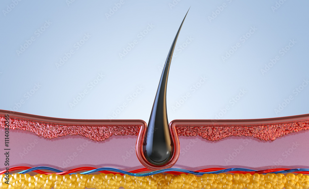 Hair skin structure illustration. Hair follicle, root, shaft, papilla ...