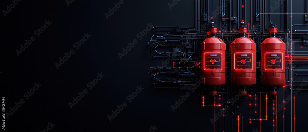 Fire alarm evacuation signal concept. Three red fire extinguishers are ...