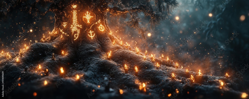 Yule Tree Decorated with Viking Runes and Lights Symbolizing Pagan ...