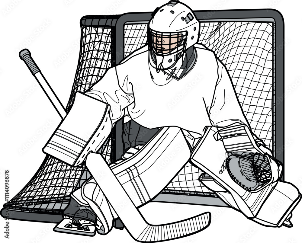 Hockey Kid Goalie 1, Youth Hockey Goalkeeper, color line drawing ...