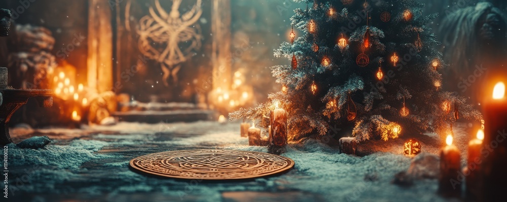 Yule Tree Decorated with Viking Runes and Lights Symbolizing Pagan ...