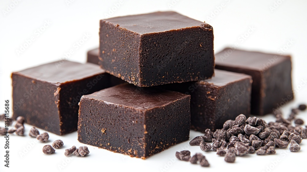 Rich chocolate fudge squares create an inviting dessert display with ...