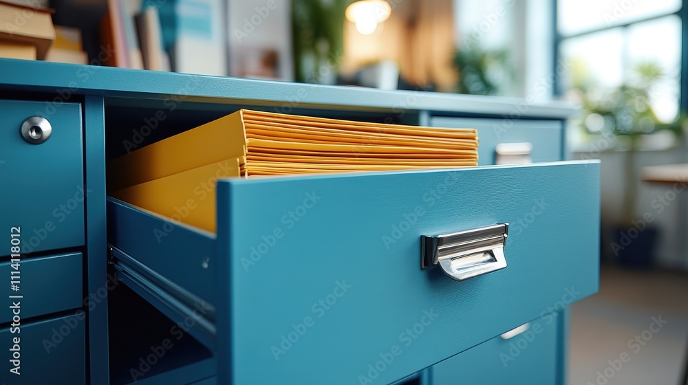 The drawer of a blue filing cabinet is partially open, revealing neatly ...