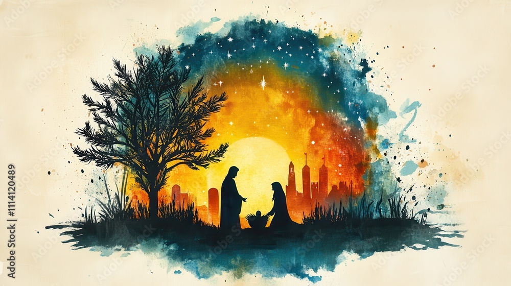 Watercolor painting representing Nativity scene in Bethlehem. Christmas ...