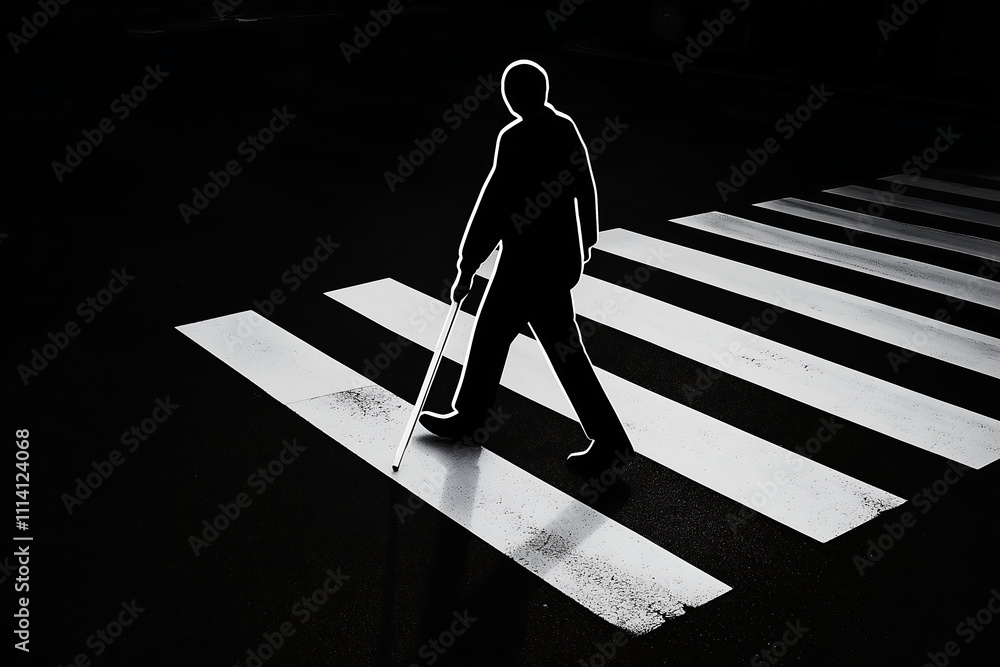 Silhouette of elderly person crossing zebra crossing with cane, urban ...
